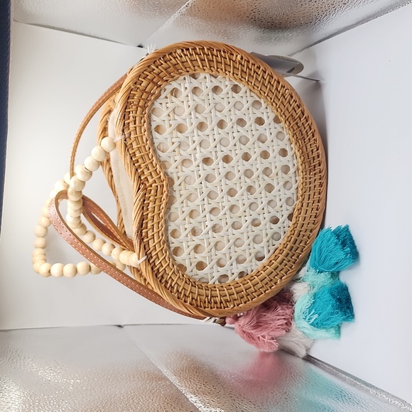 Hand Crafted | Bags | Nwt Hand Crafted Rattan Heart Bag With Genuine ...
